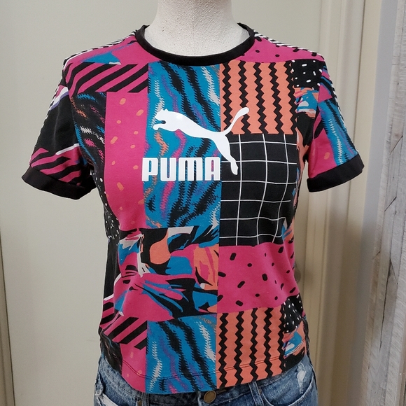 Puma | Tops | Puma Cropped Stretch Active Tshirt Patchwork Mult | Poshmark